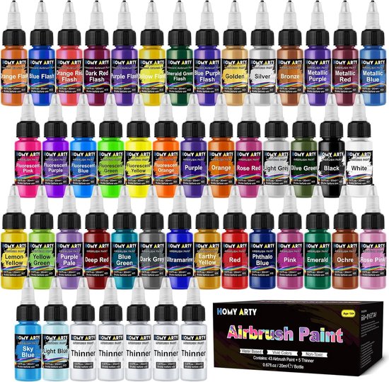 Airbrush Verf Set - 43 Kleuren - Watergedragen - 20 ml/fles | bol