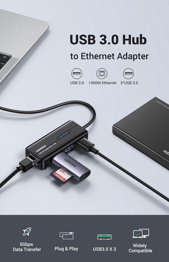 USB Ethernet Adapter HUB with Gigabit 1000Mbps port with USB 3.0 | bol