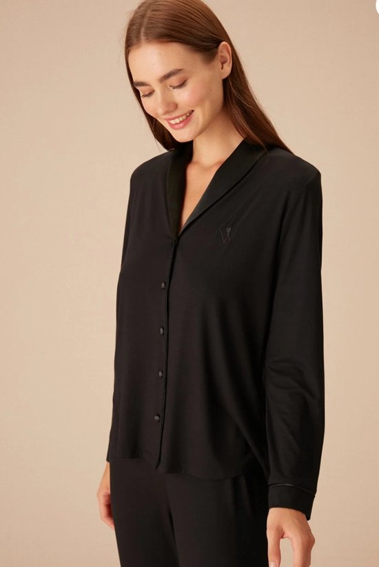 Suwen- Viscose Dames Pyjama Set -Homewear -Satijn Zwart Maat M | bol.com