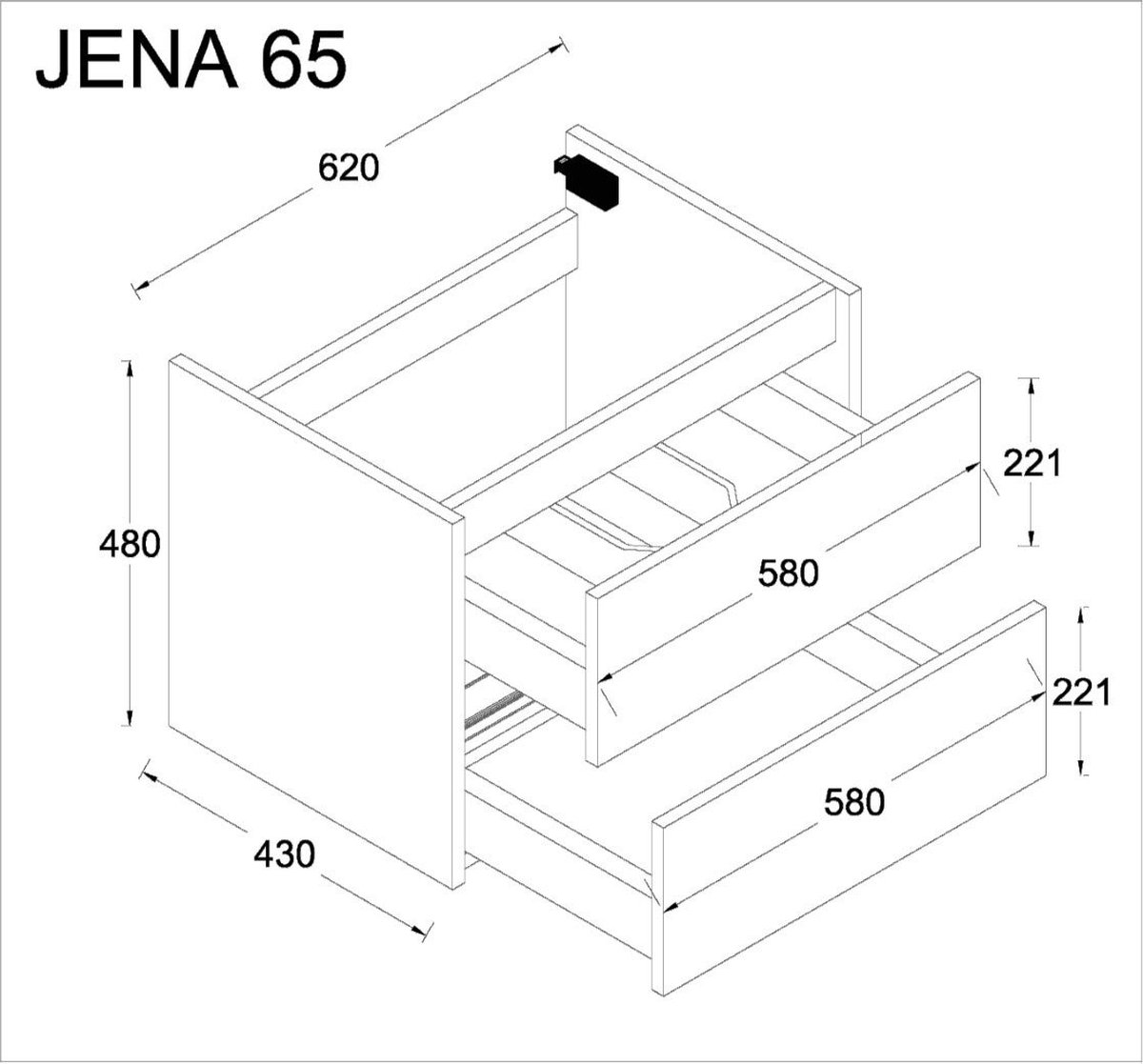 Jena 65cm Wastafelmeubel / Mat Zwart met wastafel frame | bol