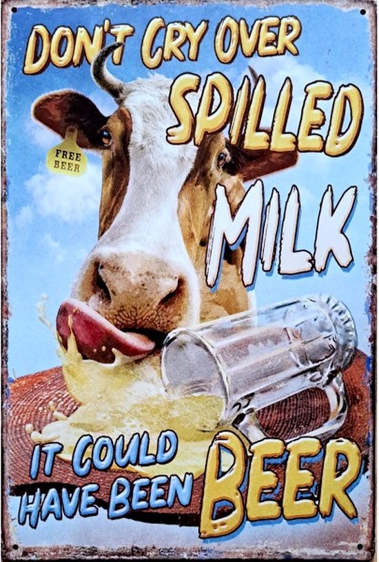 Metalen Wandbord Spilled milk melk bier - 20x30 cm bar cafe keet drank ...