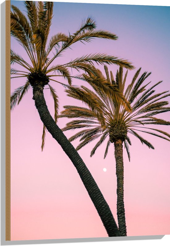 WallClassics - Hout - Twee Palmbomen bij Roze-Blauwe Lucht - 60x90 cm ...
