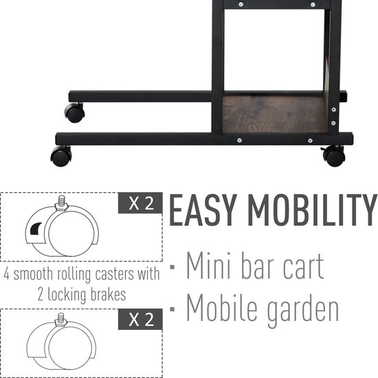 HOMCOM Bijzettafel salontafel met wielen in hoogte verstelbaar 2 ...