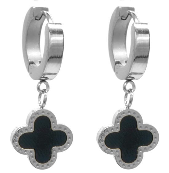 Oorbellen met Klaver - Oorringen - RVS - Zilverkleurig Zwart | bol.com
