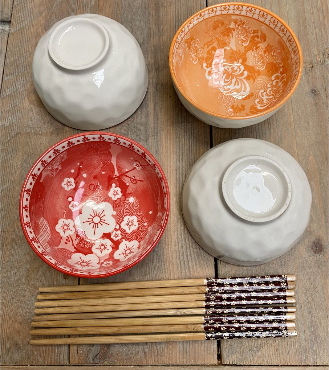 Kommen set met 4 Chinese Rijstkomen & Eetstokjes - Schaaltjes met ...