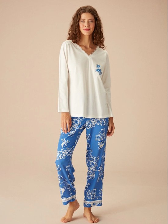 Suwen- Dames Pyjama Set - Homewear -Satijn Blauw/Wit Maat S | bol.com