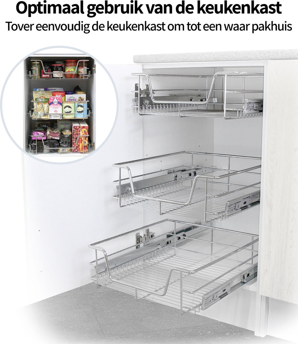 TomorrowNow® - 3-Delige Set Inbouw Schuiflades Voor Keukenkast - 60 cm ...
