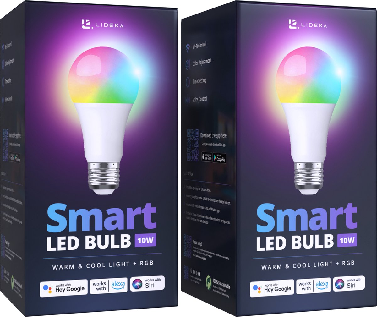 Lideka® - Slimme LED Smart Lampen - E27 10W - Set Van 2 - RGBW - met ...