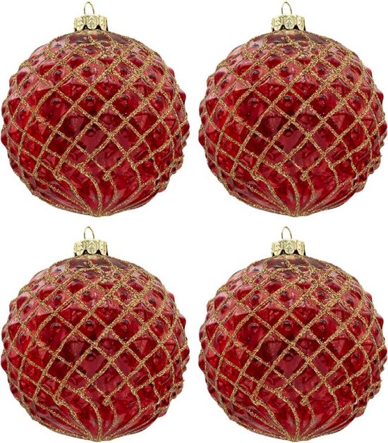2 x set van 4 kerstballen Ø 10 cm Rood Glas Rond Kerstboomversiering ...