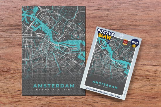 Puzzel Stadskaart - Amsterdam - Grijs - Blauw - Legpuzzel - Puzzel 1000 ...
