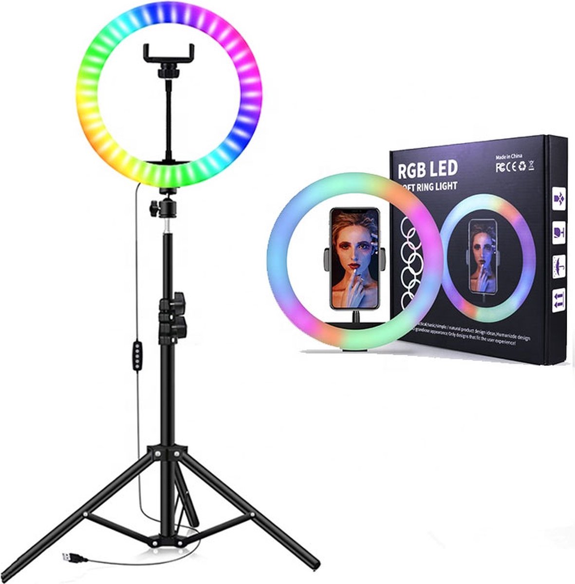 Glowerd ringlamp met statief voor telefoon - 16 kleuren - ringlamp 26 ...
