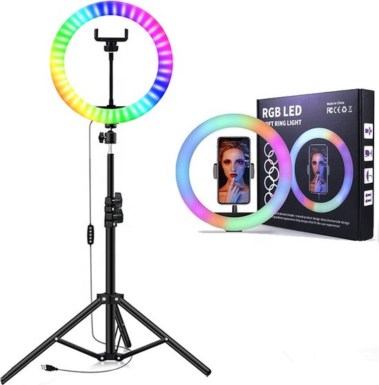 Glowerd ringlamp met statief voor telefoon - 16 kleuren - ringlamp 26 ...