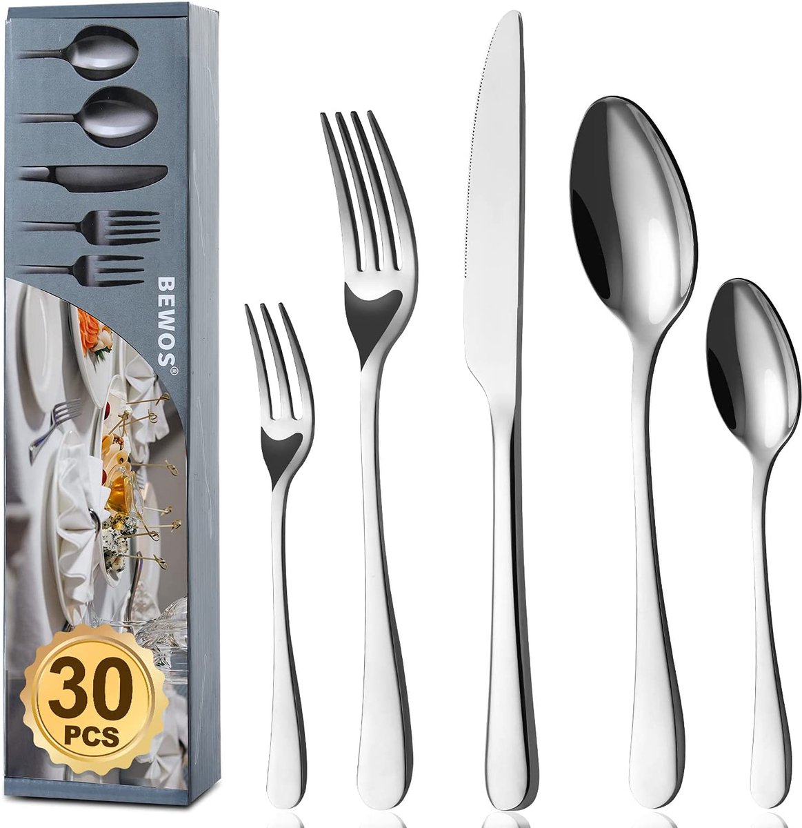 BEWOS Bestek Set voor 6 personen, 30 stuks bestek set incl. mes, vork ...