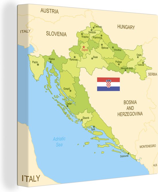 Canvas Schilderij Kaart van Kroatië met de vlag - 90x90 cm ...