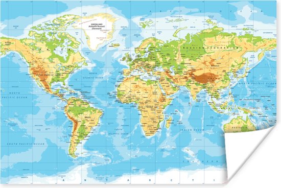 Wanddecoratie - Wereldkaart - Staatkundig - Blauw - Aarde - Educatief ...