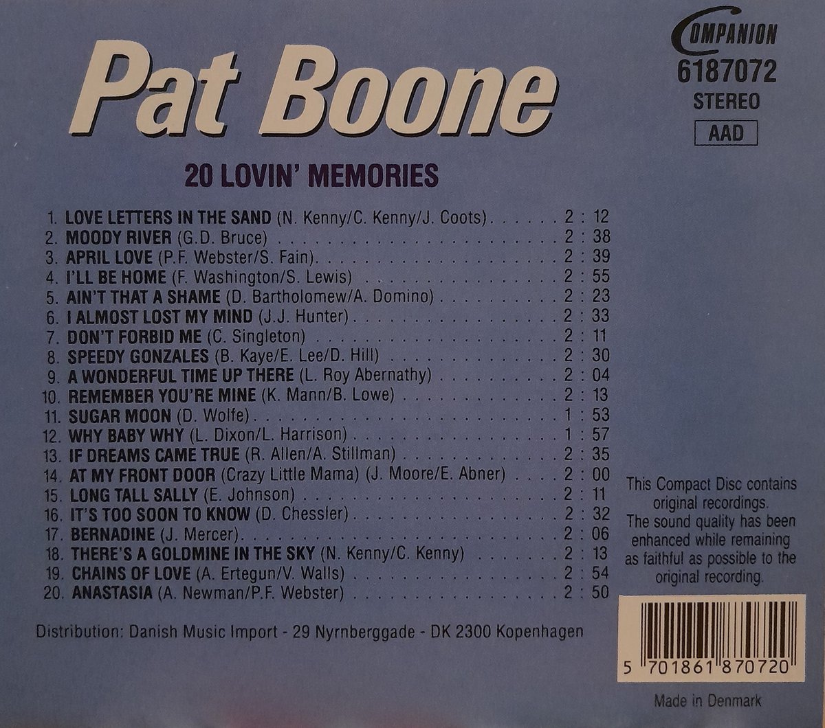 Pat Boone - 20 Lovin' Memories - Greatest Hits - Originele Opnamen, Pat ...