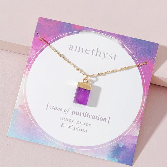 Bixorp Gems Edelsteen Ketting Met Amethist Hanger Groot Blokje Goudkleurige Bol