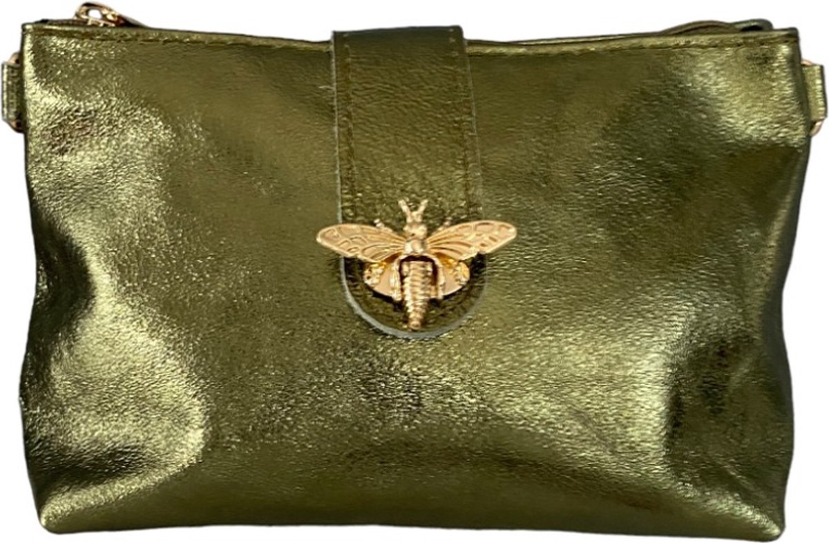 Groene Leren Schoudertas Metallic - Wesp Slot - Metallic Leder - Groen ...