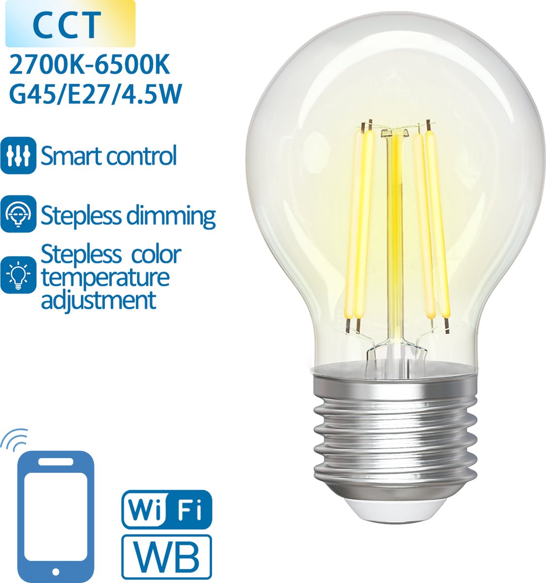 Kogellamp E27 4.5W WiFi + Bluetooth CCT 2700K-6500K | Smartlamp G45 ...