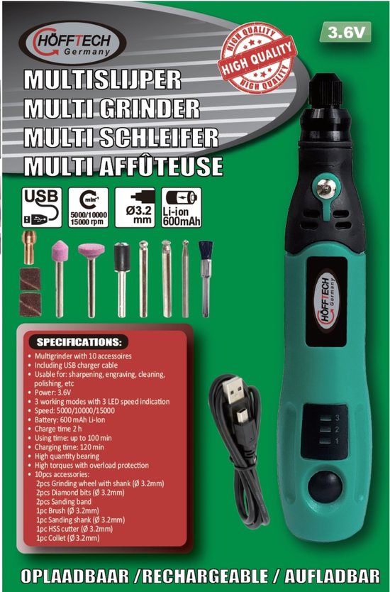Hofftech Multislijper - 10 Opzetstukken - USB Oplaadbaar - Groen | bol