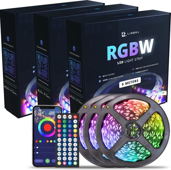 Lideka® - RGBW LED Strip Warm en Koud Wit (3 sets van 5m) - Zelfklevend met... | bol.com