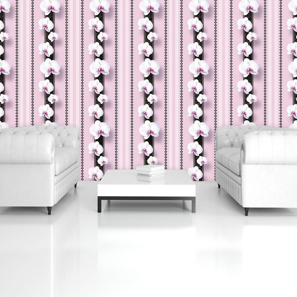 Fotobehang - Vlies Behang - Orchideeën op Luxe Roze Patroon - 254 x 184 ...