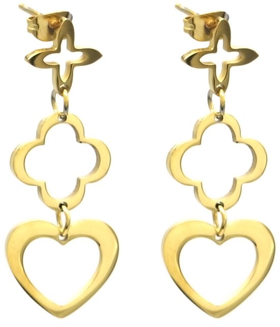 Oorbellen Klaver en Hart - RVS - 3,5 cm - Goudkleurig | bol.com