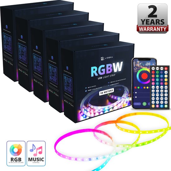 Lideka® - 50 meter RGBW LED Strip Warm en Koud Wit (5 sets van 10m) - Zelfklevend met... | bol.com