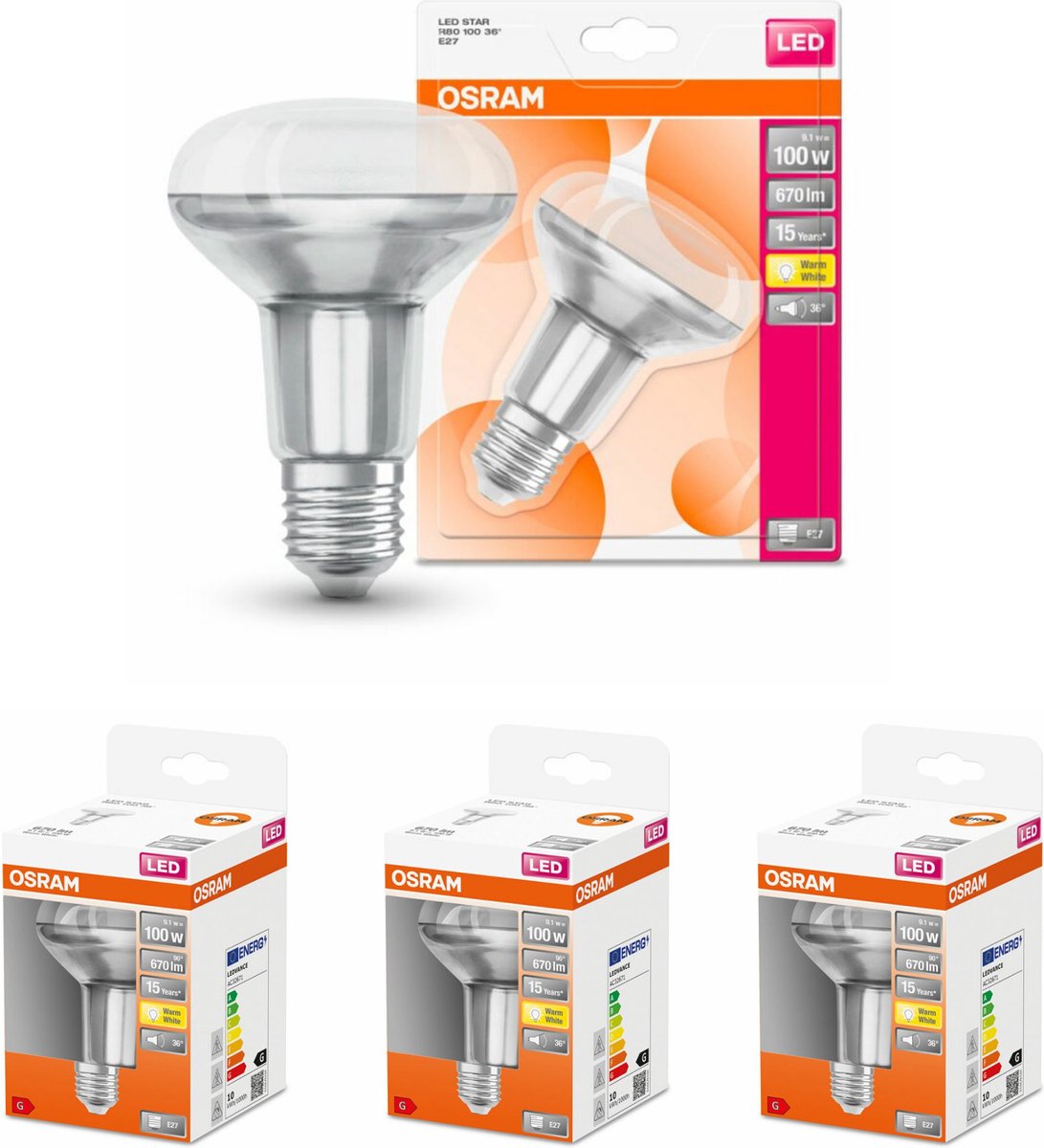 Osram LED Reflectorlampen E27 - R80 - Warm wit licht - 9W (100W) - 4PACK | bol.com