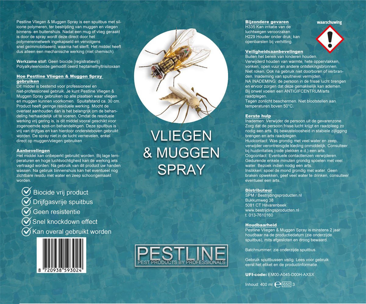 Pestline Vliegen & Muggen Spray; ter bestrijding van vliegen en muggen ...