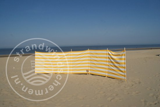 Strand Windscherm Geel - Wit - 6 meter Sterk Dralon met 2 Delige Houten ...