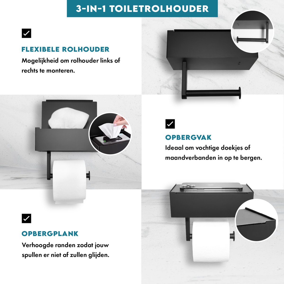Vitasa Toiletrolhouder - Zwart - WC rolhouder met Plankje en Bakje ...
