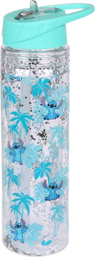 Stitch Disney - Transparante Fles/Waterfles met rietje, glitter 550ml | bol