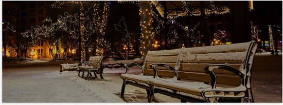 WallClassics - Poster (Mat) - Ondergesneeuwd Bankje in Park - 90x30 cm ...