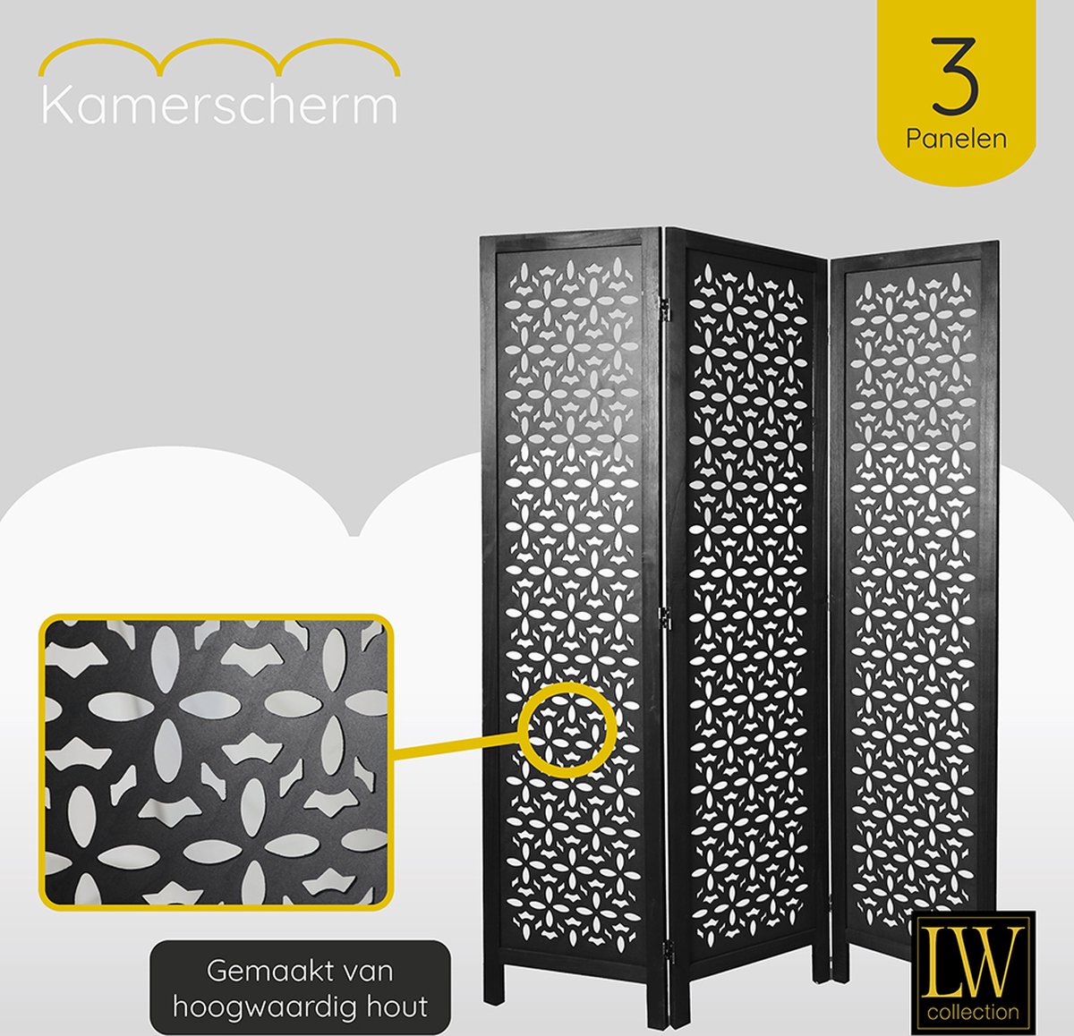 LW Collection Kamerscherm zwart hout - kamerschermen 3 panelen ...