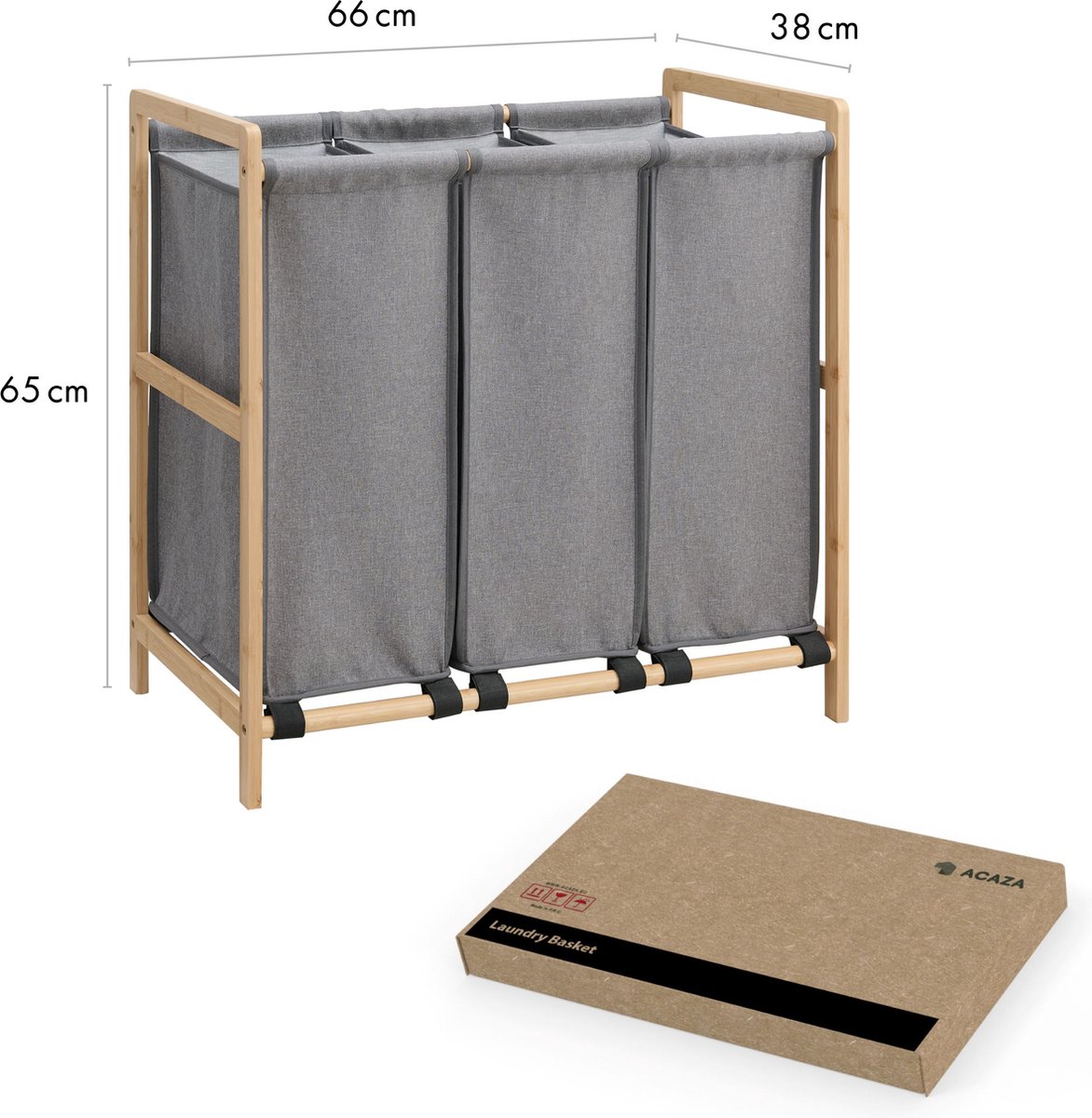 ACAZA Wasmand - Wassorteerder met 3 Vakken - Stof / Bamboe - Grijs ...