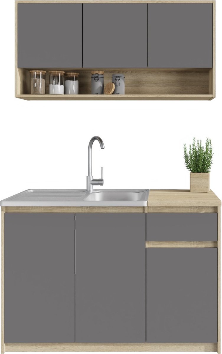 Kleine Keuken Grijs & Eiken - 120cm – Mini Keukenblok – Kitchenette met ...