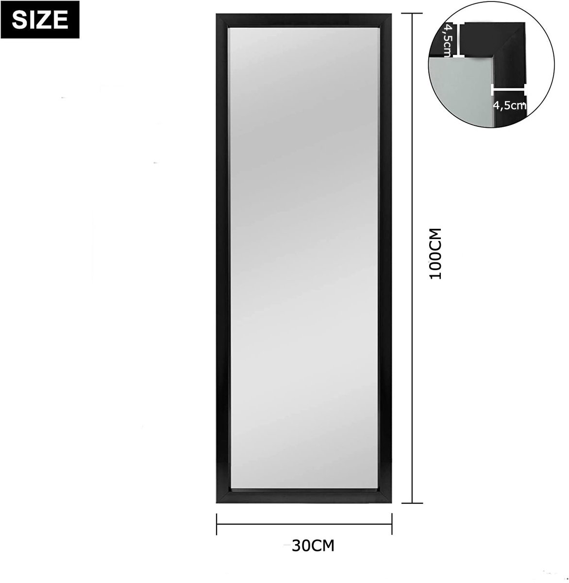 Spiegel hangend | Deurspiegel | 100 x 30 cm | Zwart | bol.com