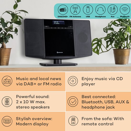 Auna V14.2 DAB verticale stereo-installatie CD FM en DAB+ tuner BT ...