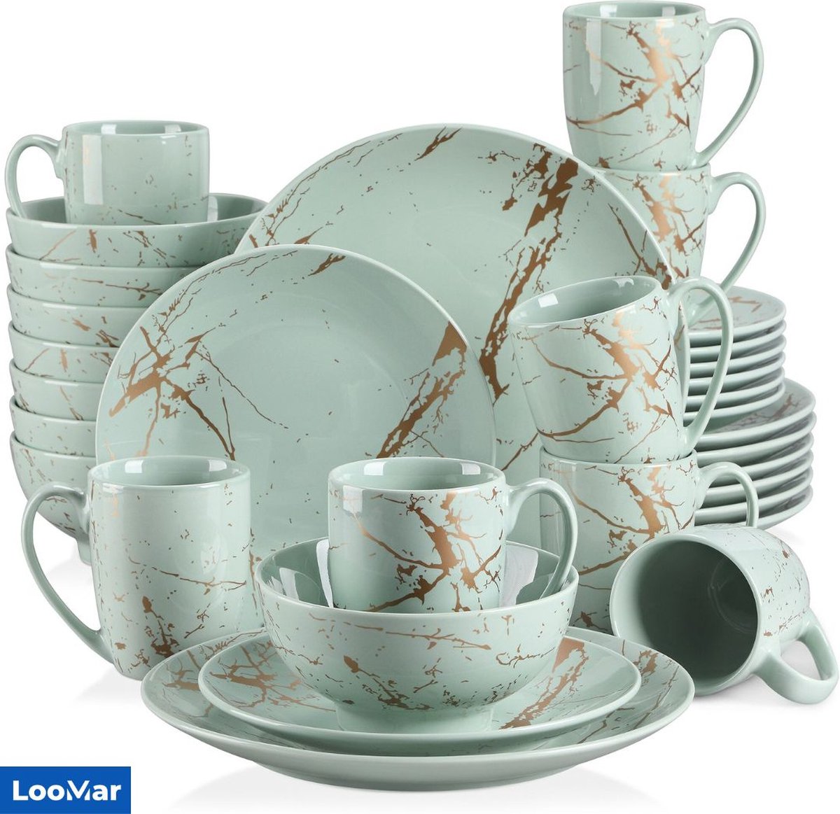 LooMar Serviesset – 32 delig – 8 persoons – Porselein - Luxe – Groen ...