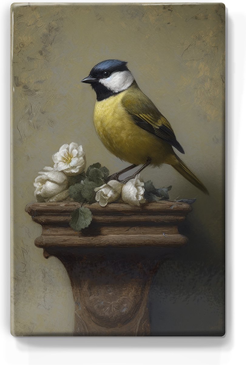 Koolmeesje met witte rozen - Handgelakt - 19,5 x 30 cm - Niet van echt ...