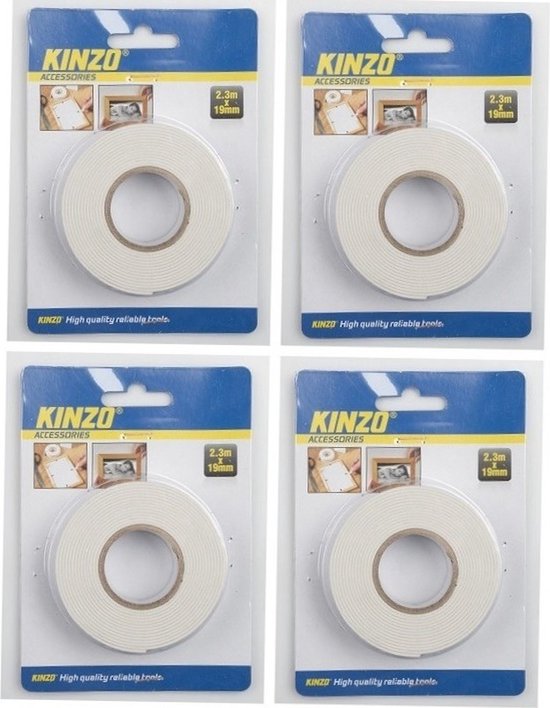 Kinzo Dubbelzijdig tape - 4x rol - 19 mm x 2,3 meter - wit | bol