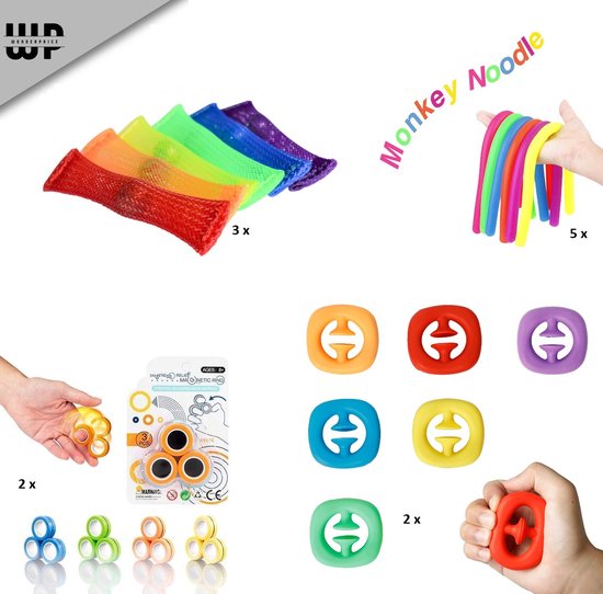 Fidget pakket 12 stuks - mesh marble - snappers - magneet ringen ...