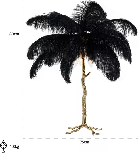 Luxe LED Tafellamp van 80cm met exclusieve palmboom en zwarte veren ...