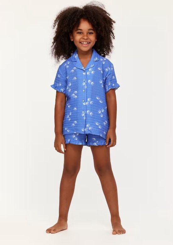 Woody doorknoop pyjama meisjes in tetra katoen - blauw met walvis all ...