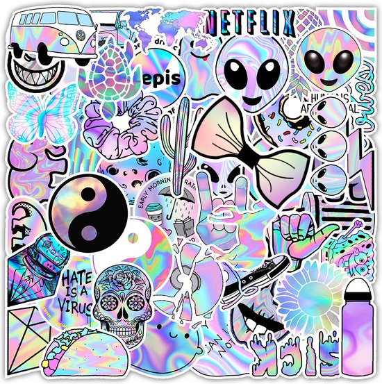 Holografische Stickers | Paars, vsco, alien, smiley | 50 stickers ...