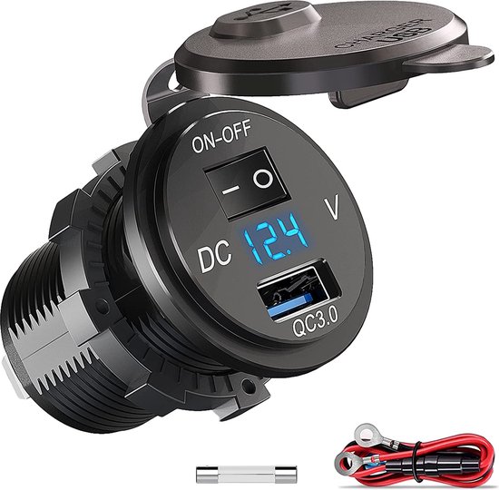 12V USB Autolader Inbouw met Schakelaar/Voltmeter/Aansluitkabel - 5V/2 ...