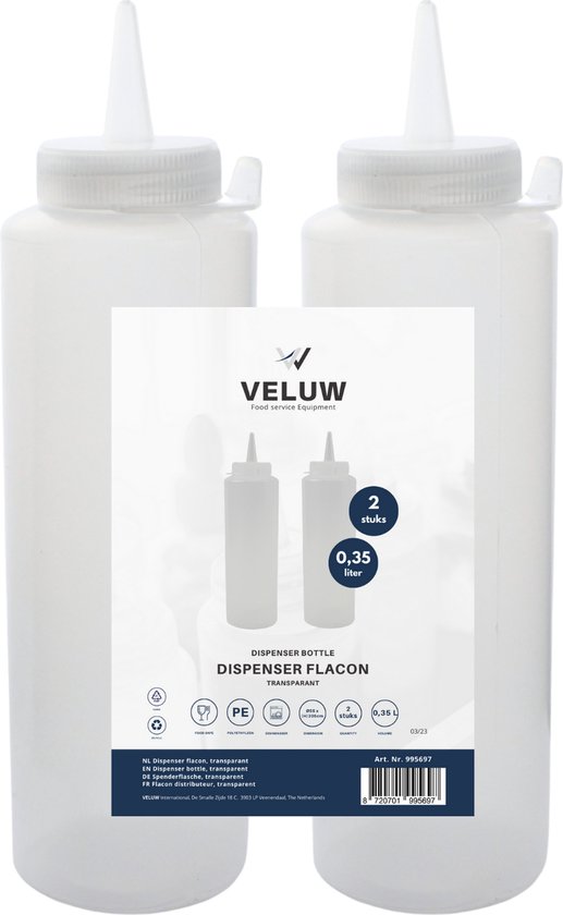 Veluw Doseerfles Knijpfles Transparant - 350ml - Ø5,5x(H)20,5cm ( Set ...