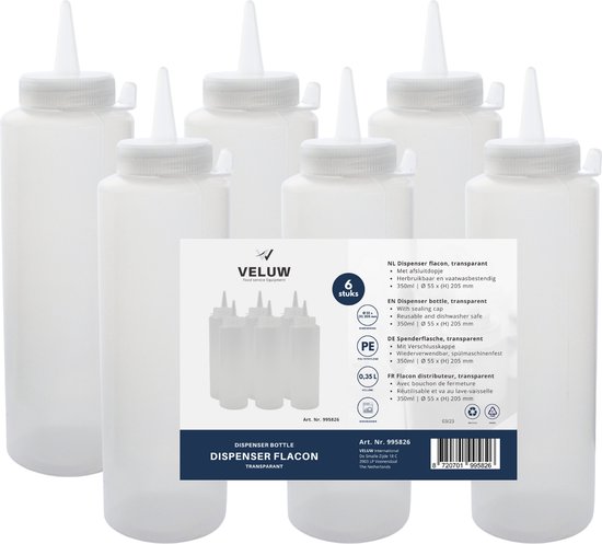 Veluw Doseerfles Knijpfles Transparant - 350ml - Ø5,5x(H)20,5cm ( Set ...