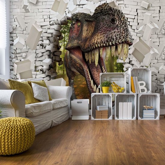 Fotobehang - Vlies Behang - 3D Dinosaurus door de Stenen Muur - Dino ...